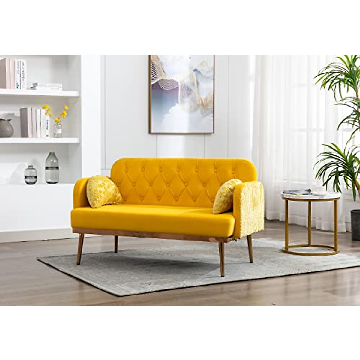 Lin-Utrend 55" Yellow Small Velvet Loveseat Couch with Elegant Moon Shape Pillows, 2-Seater Upholstered Modern Sofas Accent Loveseat Sofa Couch Small Space for Living Room Apartments