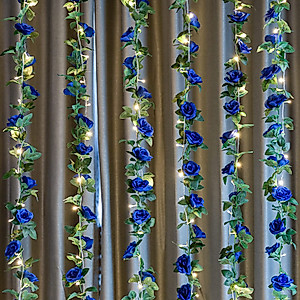 4 Pack (32FT) Artificial Rose Vine Fake Flowers Garland Hanging Silk Rose Ivy Plants Vine for Wedding Arch Party Garden Home Bedroom Office Wall Aesthetic Art Décor (Royal Blue)