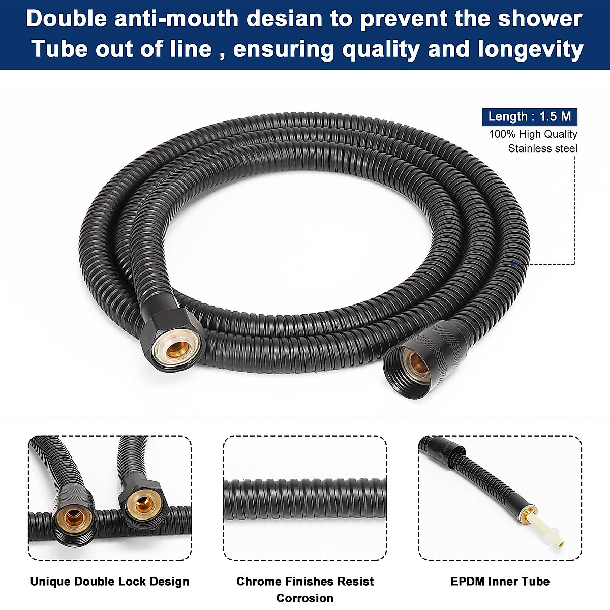 NearMoon Modern Square Style Brass Handheld Shower Head with 5ft Stainless Steel Hose, Matte Black, 2-Year Warranty