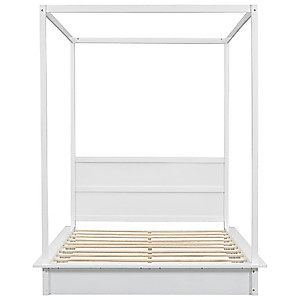 Harper & Bright Designs Full Size Canopy Bed with Headboard and LED Light, 4-Post Canopy Platform Bed Frame, Solid Wood Full Bed Frame for Kids Teens Adults - White