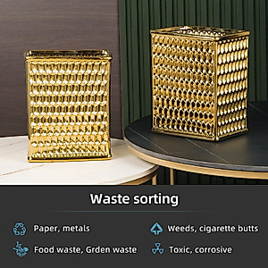 RZCNC Ceramic Gold Square Trash can Waste Basket, Decorative Garbage Can for Bathroom, Bedroom, Home Office, Kitchen, Dorm, College (1.5 Gallon, Small, Open Top)