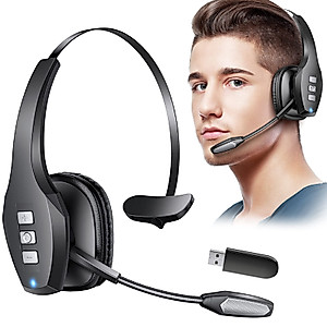 Trueque Bluetooth Headset, Trucker Wireless Headset with Microphone AI Noise Canceling & Mute Button, 60 Hrs Work Time On-Ear Headphones with USB Dongle for Call Center, Remote Work, Trucker, Zoom