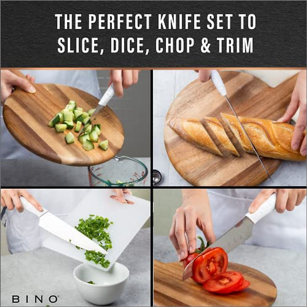 BINO 5-Piece Stainless Steel Kitchen Knives Set with Sheath - Speckled White | Chopping Knife | Serrated Utility Knife | Santoku Knife | Bread Knives | Cutting | Cooking | Meal Prep | Chefs Knife Set