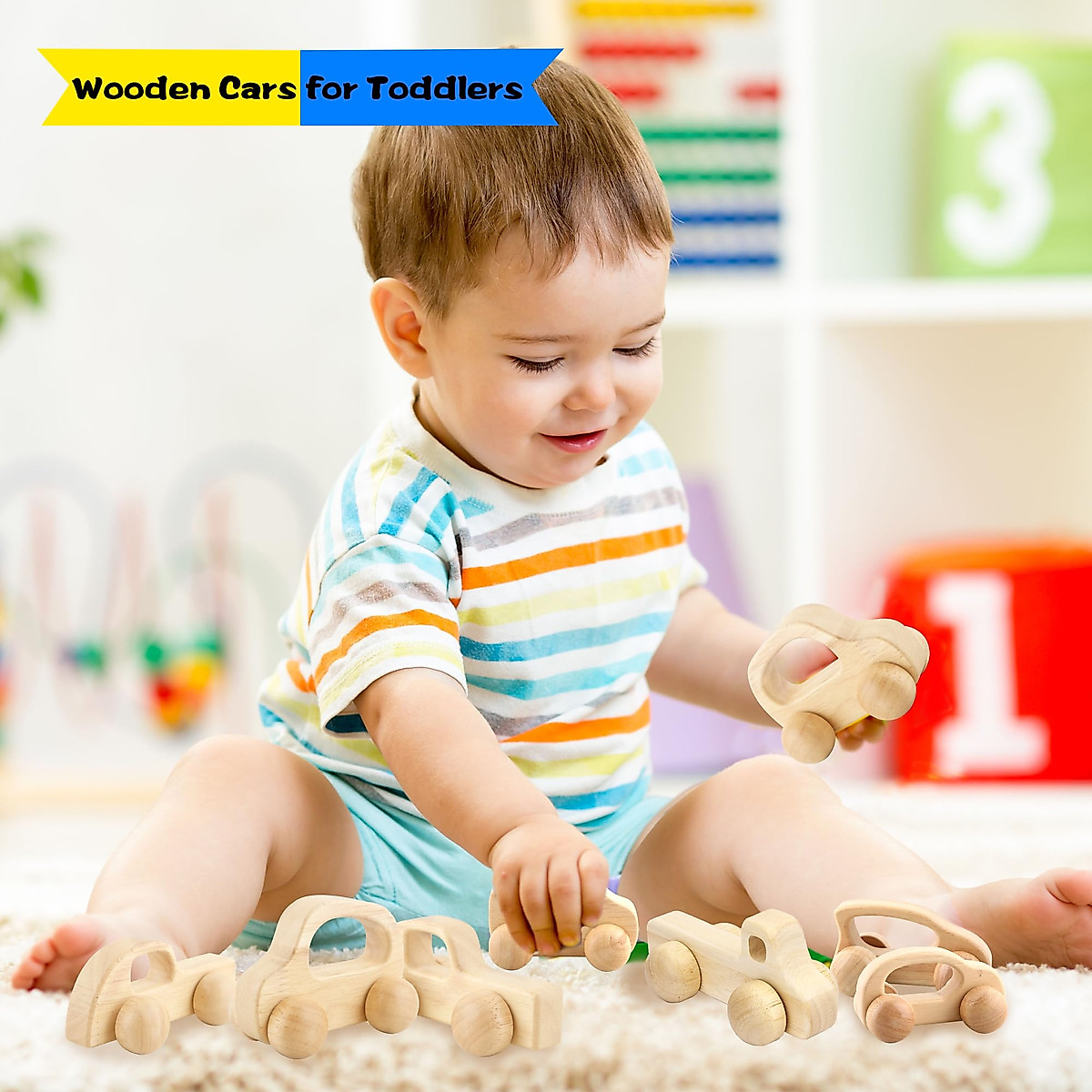 Fahacop 4 Pack Wooden Toy Cars Mini Push Wood Truck Car Natural Wood Toys for Baby Toddler Birthday Gifts Nursery Decoration, 4 Styles