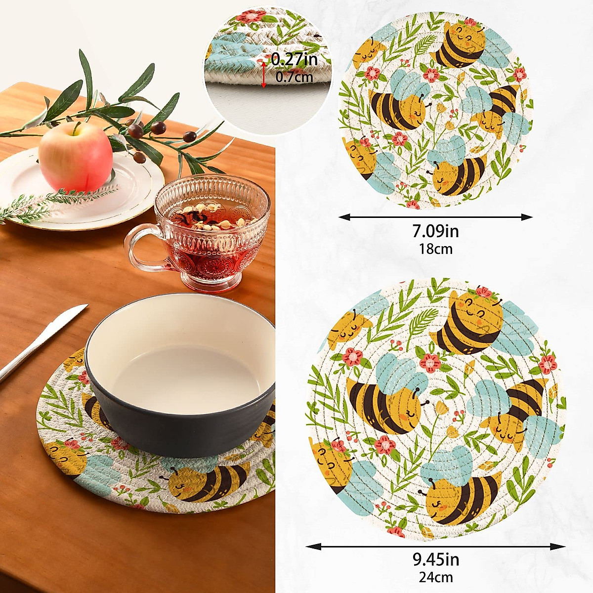 Summer Flowers Honey Bee Kitchen Trivet Mat 2Pcs Cartoon Bumble Bee Insects Pot Holders Cotton Woven Trivets Round Hot Pads Coasters for Cooking and Baking House Dinner