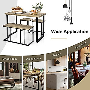 COSTWAY 4 Piece Dining Table Set, Modern Counter Height Kitchen Table Set for 4 w/Bench & 2 Stools, Sturdy Iron Structure, Space-Saving Dining Table and Chair Set for Home Pub Breakfast, Oak Grey