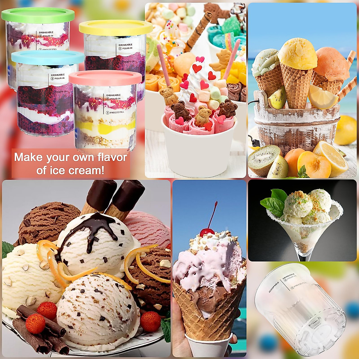 RYSIMWU For Ninja Creami Deluxe Pints and Lids 4 Pack, NC500 NC501 Ice Cream Pint fit for Ninja Delux Ice Cream Maker, 24 oz. food container for Ninja Creami Deluxe (Blue,Pink,Yellow,Green)