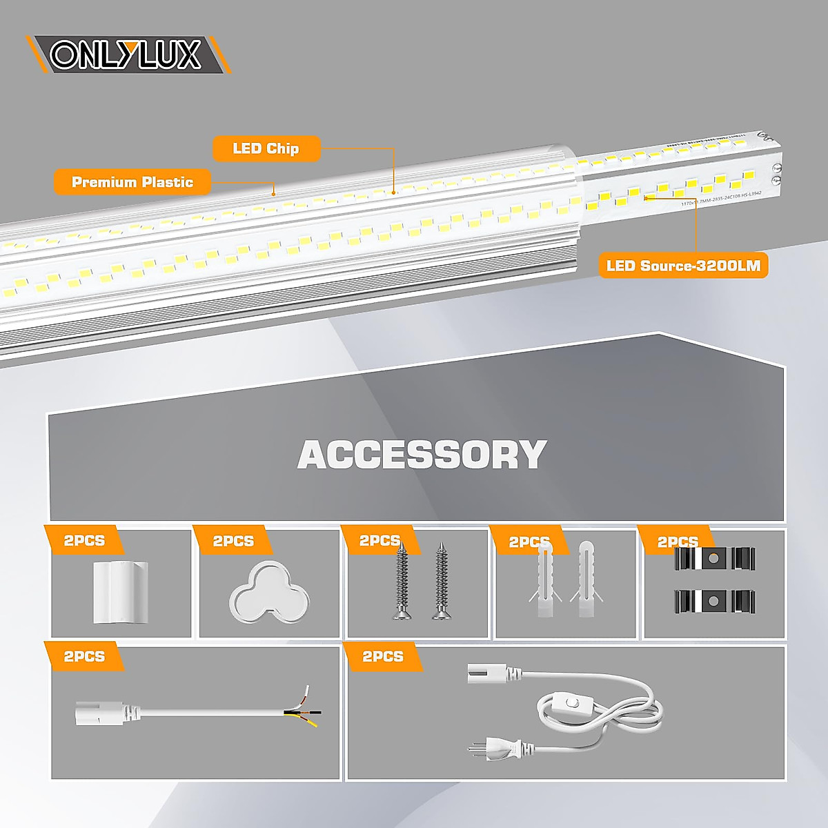 ONLYLUX LED Shop Lights, LED Tube Light 25W 6000K, Led Garage Light, Super Bright, Under Cabinet Lighting, Linkable with Plug LED Light for Workbench Workshop Basement (2 Pack)