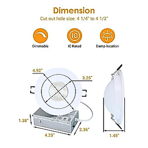 POPANU 4inch Gimbal LED Recessed Light Recessed LED 4 inch White Swivel Gimbal Canless Light 360° Rotation 90° Tilt 4" 9W Eyeball Lighting Dimmable Adjustable Can Spotlights 5CCT White 4 inch 6 Pack