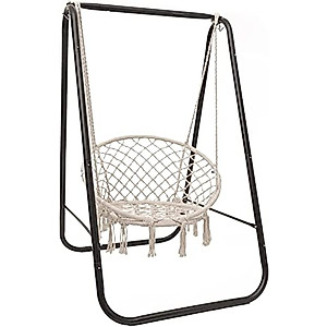 SENADA Swing Chair with Stand, Handwoven Rope Swing Hammock Chair, Heavy Duty Hammock Stand Max Load 360lbs, Garden Indoor Outdoor Hanging Chair Stand Included Set (White)