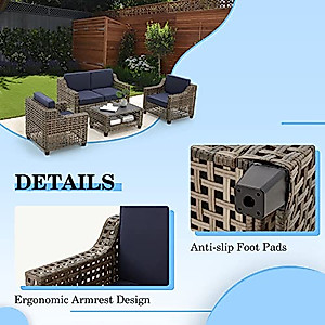 MELLCOM 4-Piece Outdoor Sectional Sofa Couch, Patio Furniture Set with Cushions and HDPE Table Top, Handwoven PE Wicker Rattan Patio Conversation Set for Patio, Garden, Yard, Pool, Brown and Blue