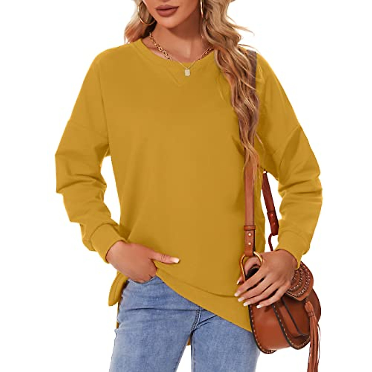 Custer's Night Women's Long Sleeve Sweatshirts Side Split Loose Casual Pullover Tunic Tops (Yellow, L)