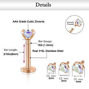 FECTAS 16G Cartilage Earring Stud Forward Helix Earrings Internal Threaded Labret Lip Medusa Piercing Ring Rose Gold 2 Pairs