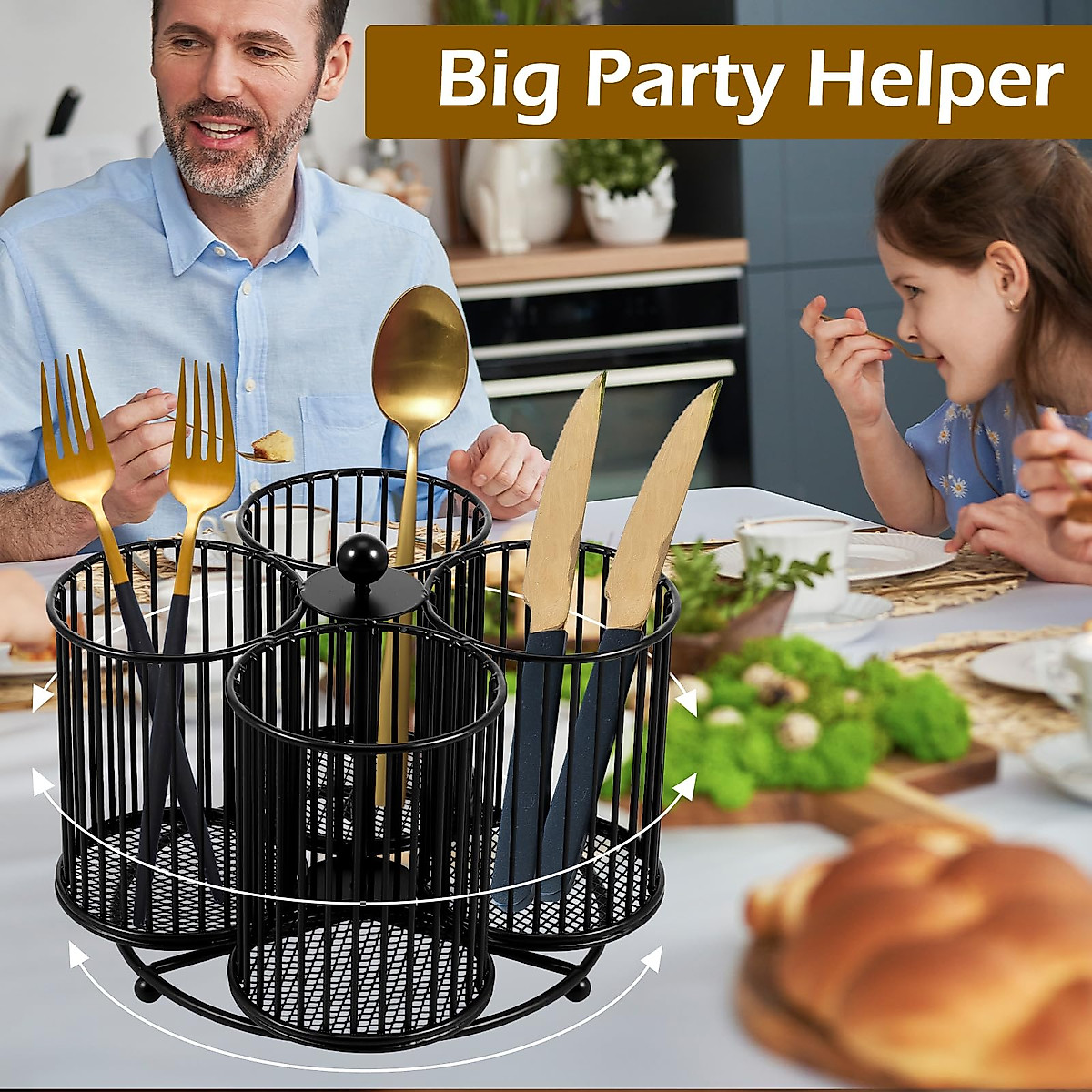 Metal Utensil Caddy 360 Degree Rotating Cutlery Holder 4 Compartment Flatware Storage Basket Portable Multipurpose Countertop Silverware Organizer for Kitchen Picnic Camping Outdoor(16*16*14cm,black)