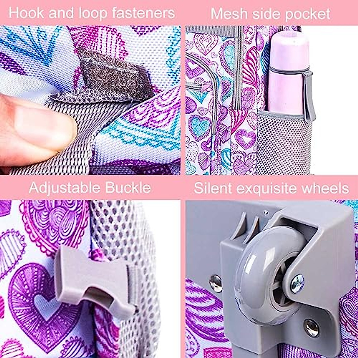 FTJCF 3pcs Rolling Backpack for Women, 21 Inche Adult Bag with Roller Wheels, Wheeled Bookbag Set for Girls - PinkGrey