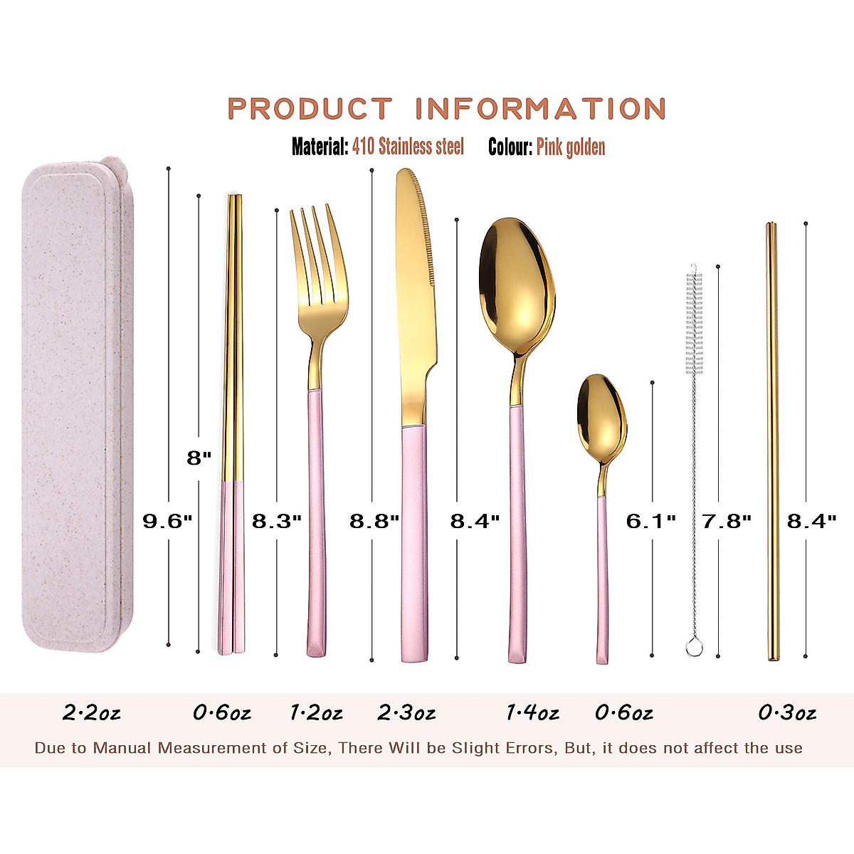 AARAINBOW 7 Pieces Stainless Steel Flatware Set Portable Reusable Cutlery Set Travel Utensils Set Including Chopsticks Knife Fork Spoon Straws Cleaning Brush Dishwasher Safe (Pink Golden)