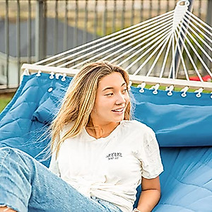 ANOW Double Hammock with 12 Feet Heavy Duty Steel Stand Combo, 2 Person Quilted Hammock with Stand for Outdoors Indoors, 450 LBS Weight Capacity, Blue