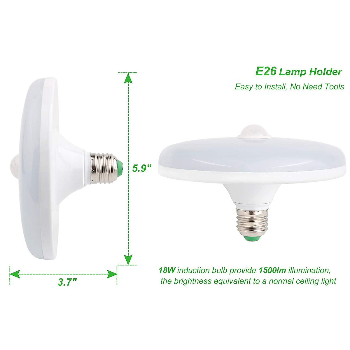 Motion Sensor Light Bulbs, 18W (150W Equivalent) E26 1500LM Motion Detector Dusk to Dawn LED Ceiling Light Bulb Automatic On Off Led Bulb for Garage, Porch, Basement, Hallway, Frontdoor - Cool White