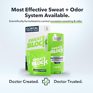 SweatBlock Antiperspirant Deodorant System MAXIMUM CLINICAL STRENGTH for Men & Women. Hyperhidrosis Aid for Excessive Sweating & Underarm Odor. 5 DRIBOOST Wipes + 1 Unisex Deo Stick (2.7oz)