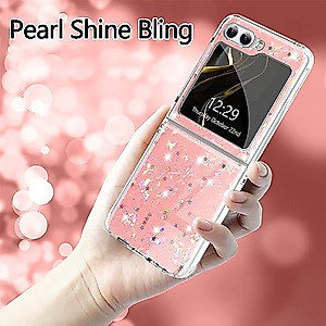 MOWIM Compatible Samsung Galaxy Z Flip 5 for Women Girls, Stylish Pretty Glitter Crystal Bling Sparkly Anti-Scratch Shockproof Protective Phone Cover for Samsung Galaxy Z Flip 5-Pink