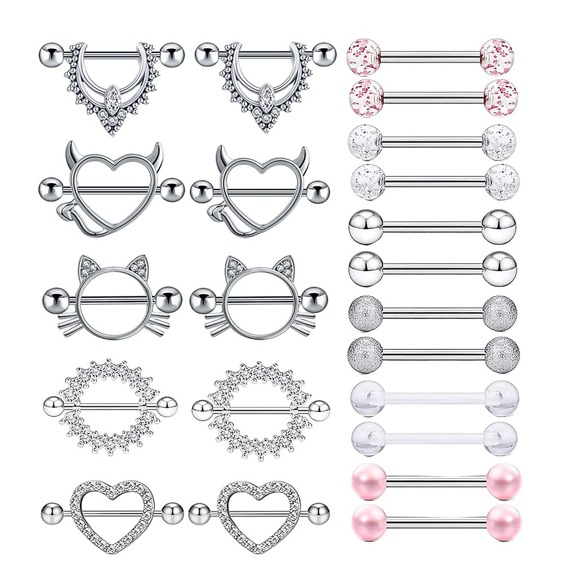 TIANCI FBYJS 11 Pairs Stainless Steel 14G Nipple Rings Nipplerings CZ Heart Tongue Shield Barbell Rings Retainer Body Piercing Jewelry for Women 9/16Inch