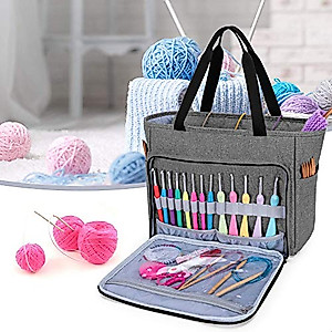 CURMIO Knitting Tote Bag, Yarn Storage Bag with Pockets for Crochet Hooks, Knitting Needles, Knitting Project and Accessories, Gray (Bag Only, Patented Design)