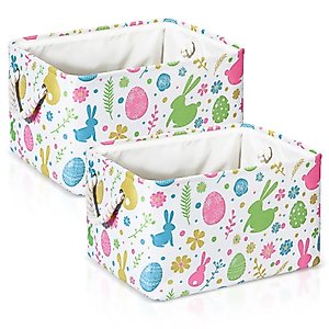 Sunnychicc Easter Basket, Easter Eggs Bunny Flower Foldable Storage Bins with Handles, Easter Canvas Cubes Fabric Collapsible Organizer Bag for Storage Clothes(Bunny Eggs, 2 Pcs)