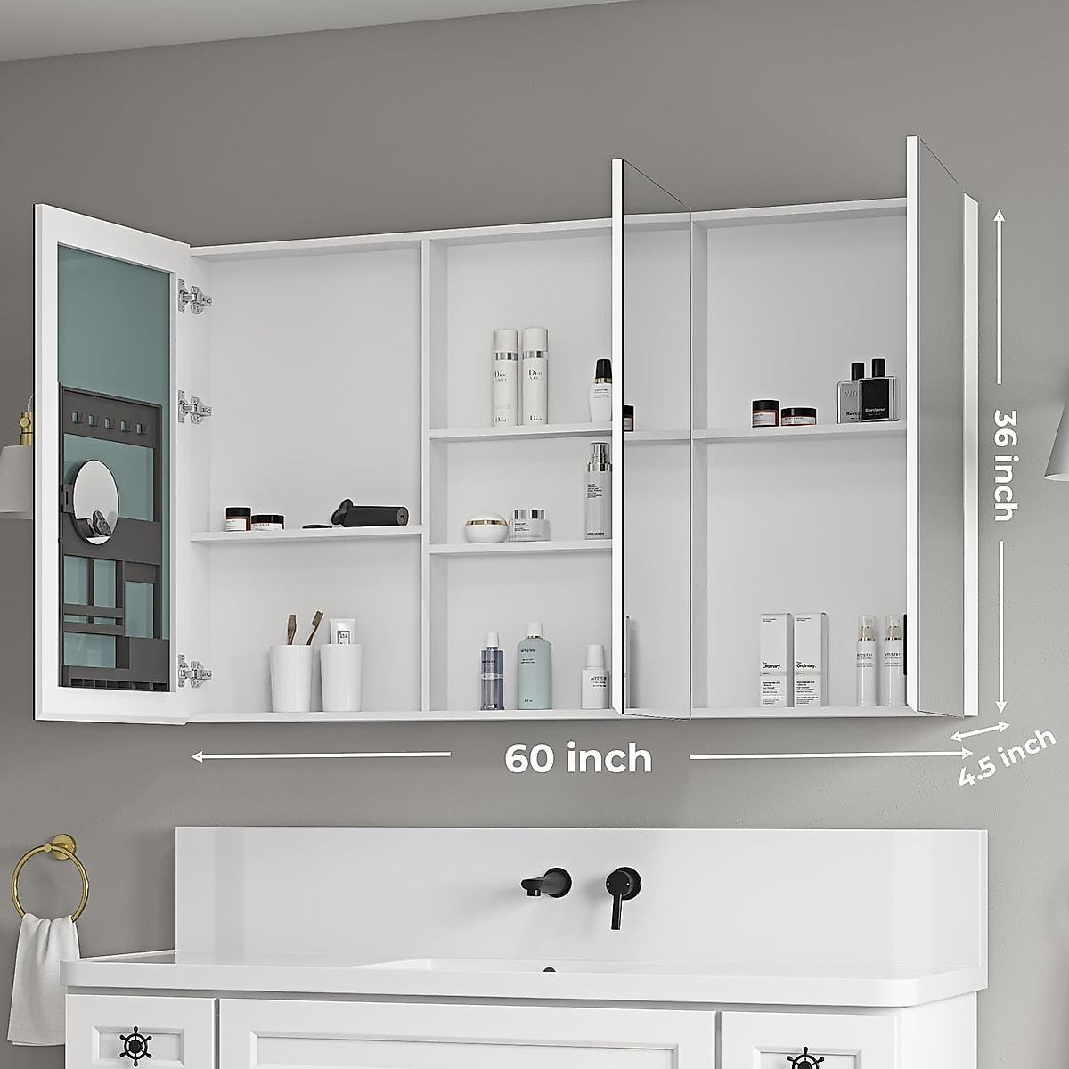 THNIKRE 60"x36" Bathroom Medicine Cabinet with Mirror, Wall Cabinet with 3X Adjustable Height & Angle Magnifier, Behind Door Storage, Wooden Storage Shelves, HD Shatter-Proof Mirror