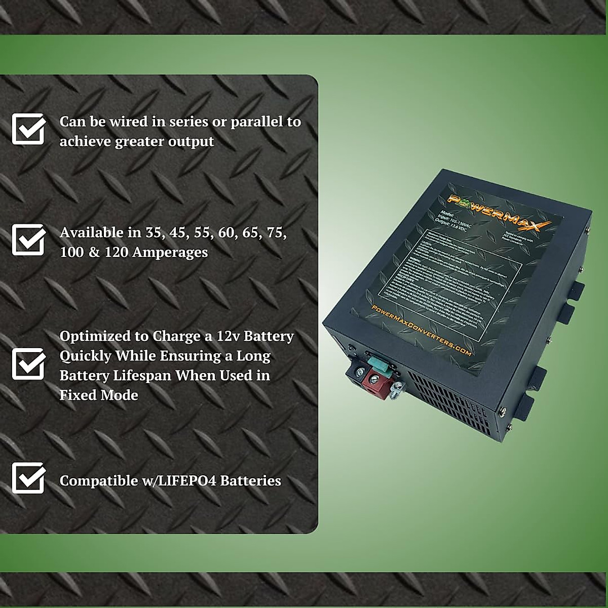 PowerMax PM3-35 Power Supply | AC-DC Converter (110/120 VAC to DC 0-12 Volt, 35 Amp) Battery Charger w/ 3-Stage Smart Charging Mode | Built-in Cooling Fan, LED Indicator Light & Lithium Compatibility