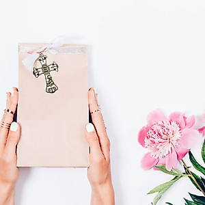 Silver Tone Bless This Child Guardian Angel Hanging Crib Medal, Cross with Pink Ribbon and Girl Kneeling to Pray, Mini Catholic Medals Baptism Gifts for Girls, 3.5 Inches