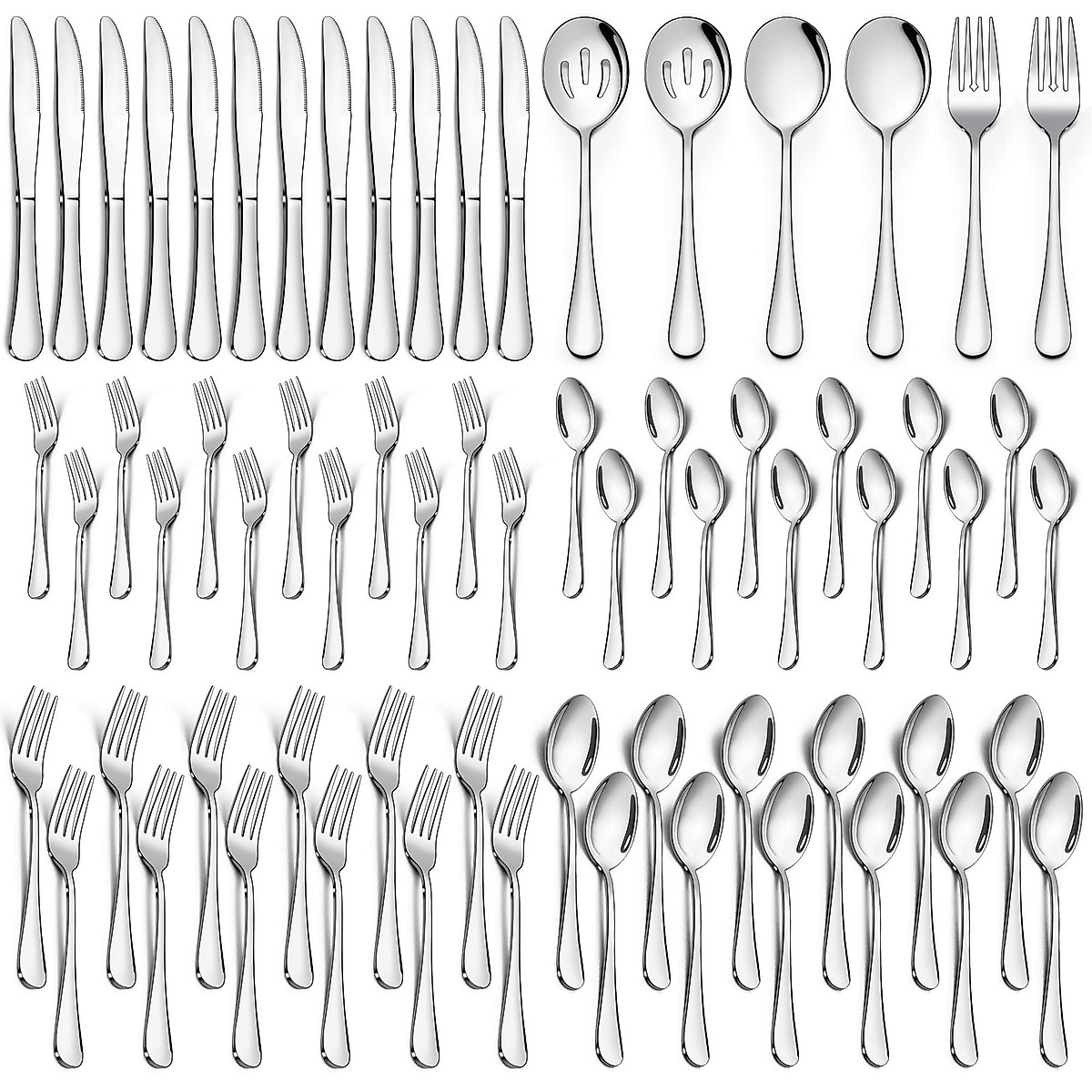 LIANYU 66-Piece Silverware Set with Serving Utensils, Stainless Steel Silverware Flatware Set for 12, Elegant Cutlery Tableware Includes Fork Spoon Knife, Mirror Polished, Dishwasher Safe
