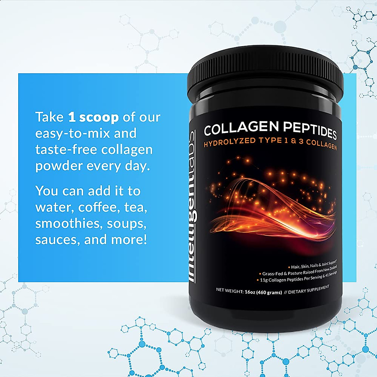 Intelligent Labs Hydrolyzed Type 1 and 3 Collagen Peptides Powder, 100% Cruelty-Free and Grass-Fed Bovine, Supports Healthy Hair, Skin, Nails & Joints, 11g per Serving, 41 Servings a Bottle