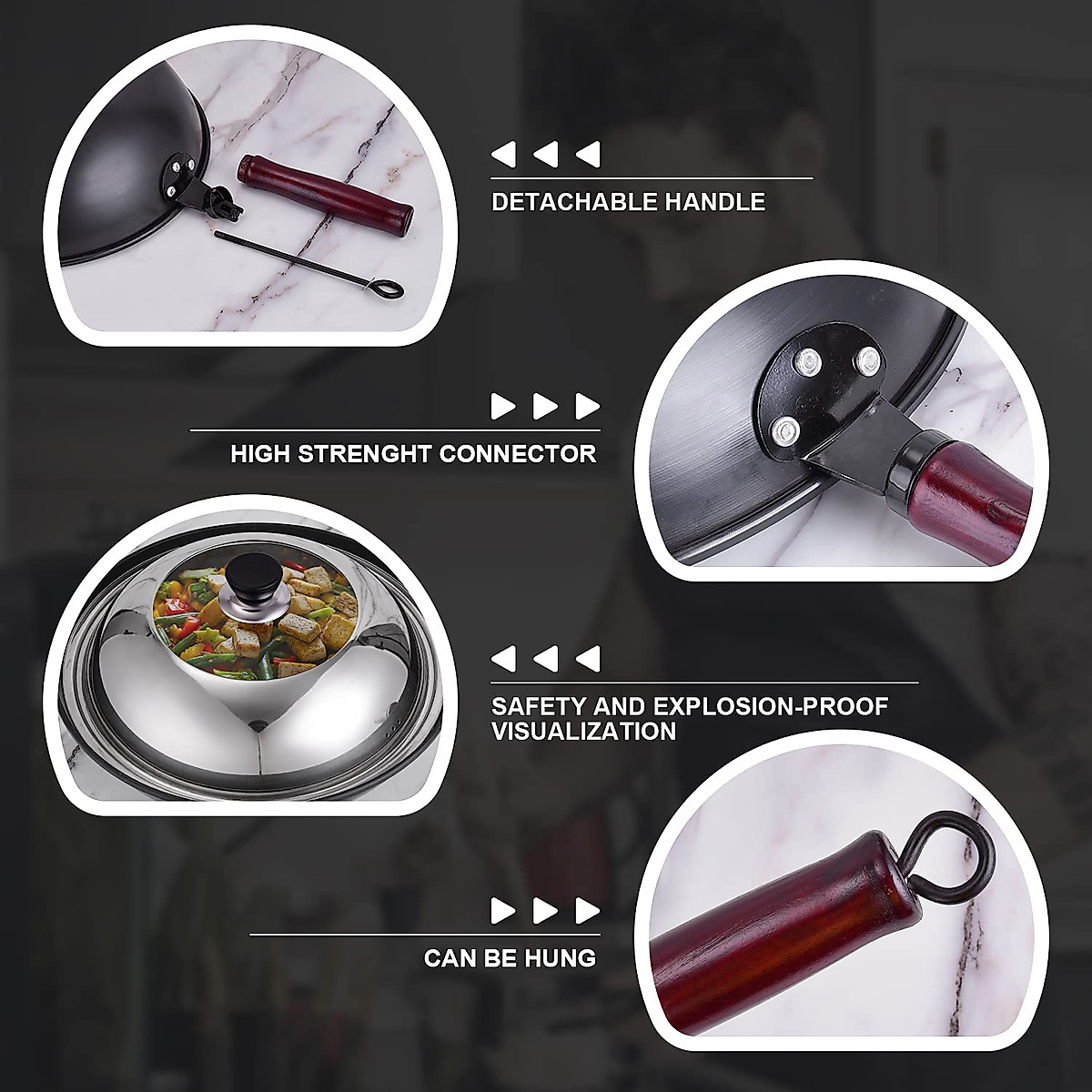 DZZIT 13" Carbon Steel Wok, 14 Pcs with Lid Round Bottom Wok Set, No Chemical Coated Chinese Wok, 12 Cookware Accessories, Wok with Detachable Wooden Handle, for Gas Stove or Cassette Furnace