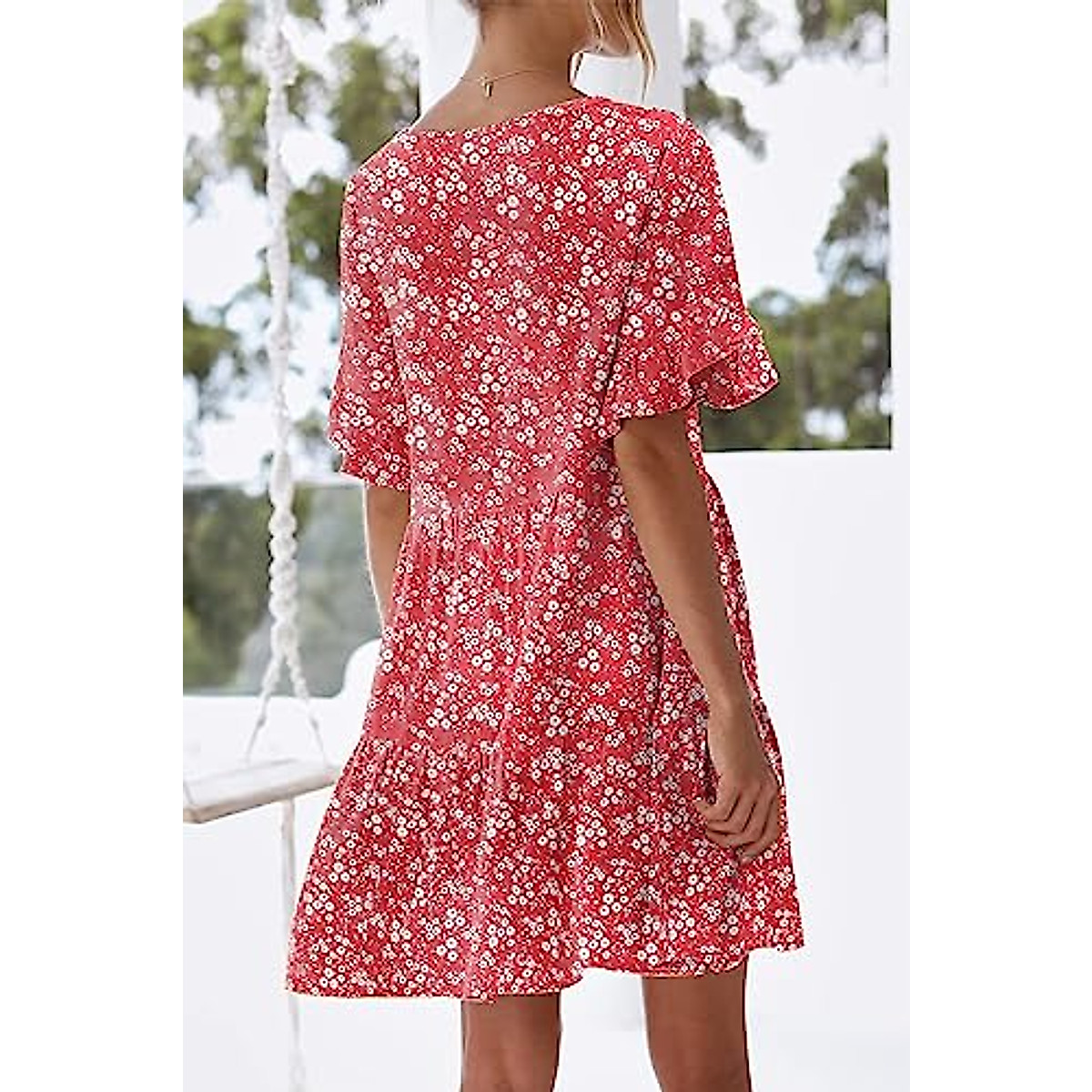 nclook Womens 2025 Summer Casual Dress Sweet Cute V Neck Mini Dress with Pocket Short Sleeve Ruffle Dress Jujube Red