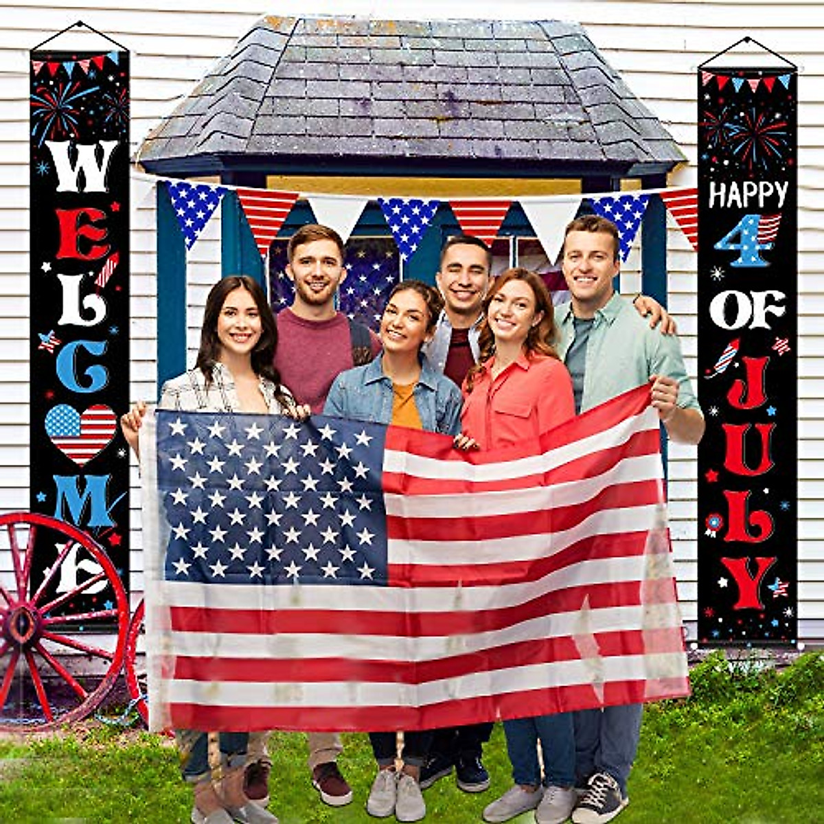4th of July Banner Fourth of July Decorations Patriotic Porch Sign Black Independence Day Hanging Banner for Home Memorial Day Party, God Bless America (classic style)