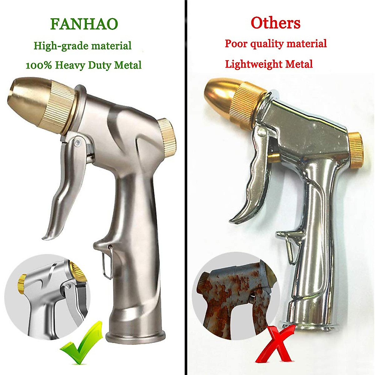 FANHAO Upgrade Garden Hose Nozzle Sprayer, 100% Heavy Duty Metal Handheld Water Nozzle High Pressure in 4 Spraying Modes for Hand Watering Plants and Lawn, Car Washing, Patio and Pet