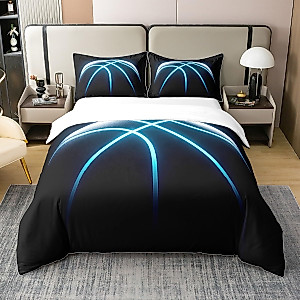 100% Natural Cotton Basketball Comforter Cover for Boy Young Man Sports Game Theme Duvet Cover Full Size Blue Lines Stripes Neon Lines Bedding Set Basketball Court Player Quilt Cover Black 3Pcs