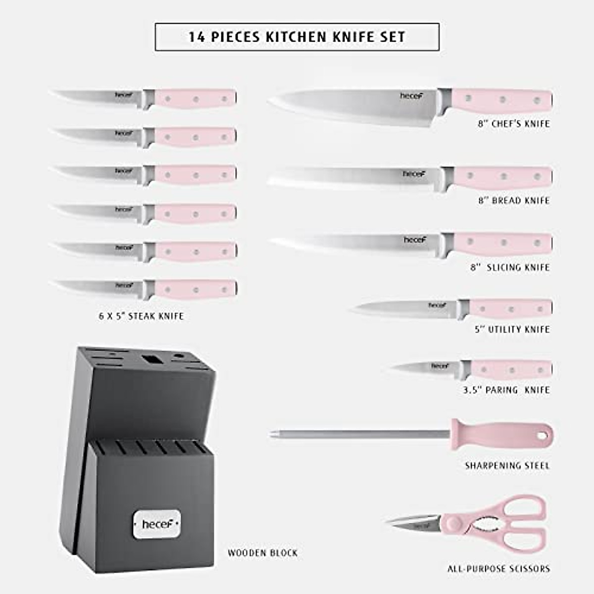 hecef Kitchen Knife Block Set, 14 Pieces Knife Set with Wooden Block & Sharpener Steel & All-purpose Scissors, High Carbon Stainless Steel Cutlery Set, Mothers Day Gift Housewarming Birthday (Pink)