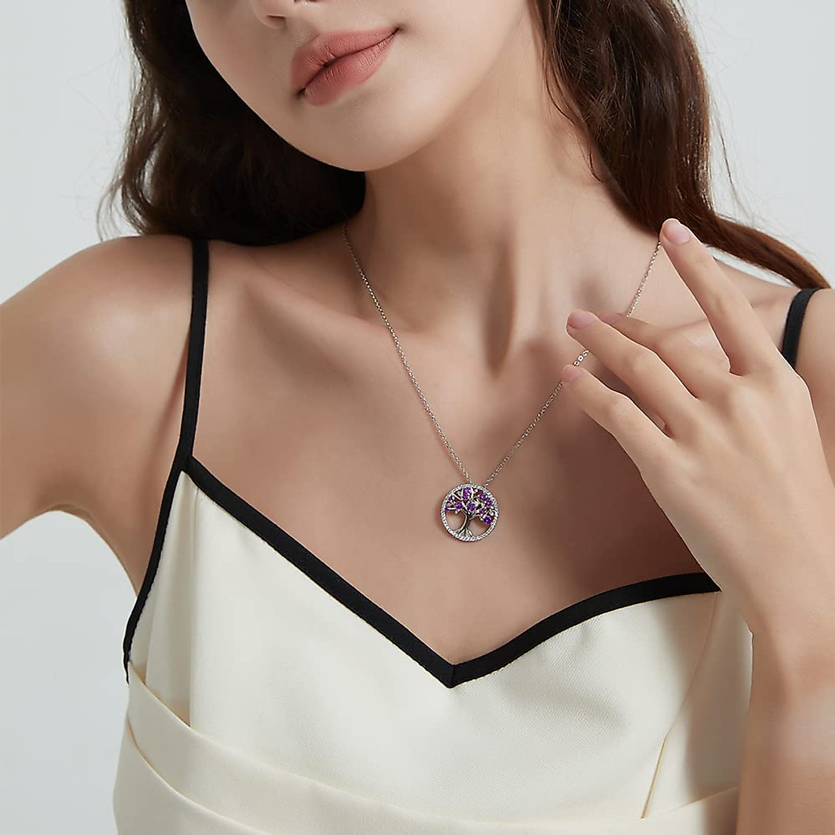 Zes-Husa February Birthstone Amethyst Jewelry Tree of Life Birthstone Pendant Necklace for Women Girls Valentines Day Gifts, Sterling Sliver Necklace Anniversary Birthday Gifts for Mom Wife