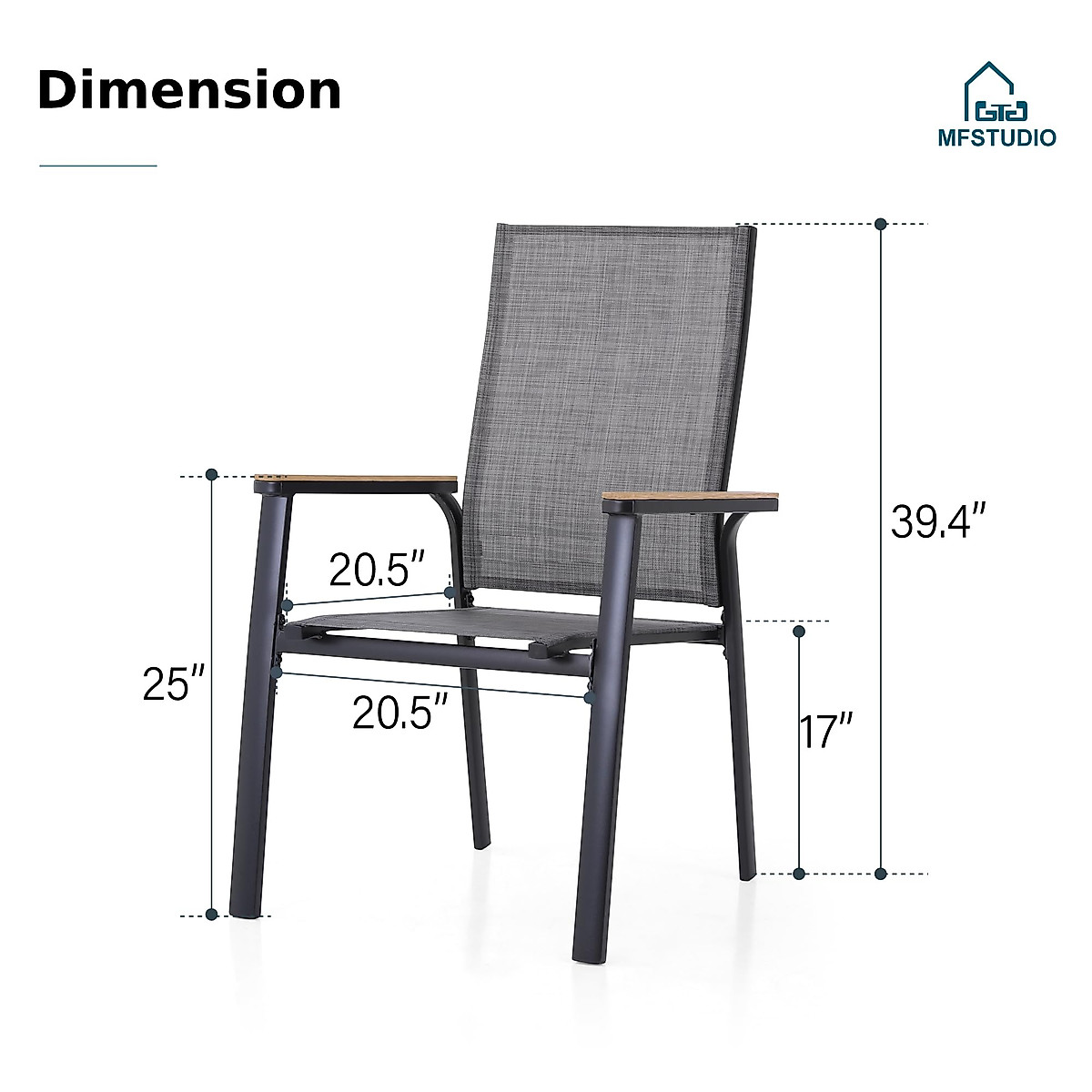 MFSTUDIO Outdoor Patio Dining Chairs, 2 PCS Aluminum Patio Dining Sling Chair, Patio Chairs with Wood-Like Armrest & Wider Seat for Deck Backyard Garden, Grey