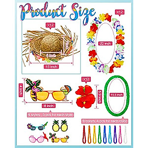 SATINIOR 84 Pieces Hawaiian Luau Party Accessories Hawaiian Leis Bulk Beachcomber Straw Hat Luau Party Sunglasses Tropical Flower Hair Clips and Plastic Leis Set for Summer Beach Costume Supplies