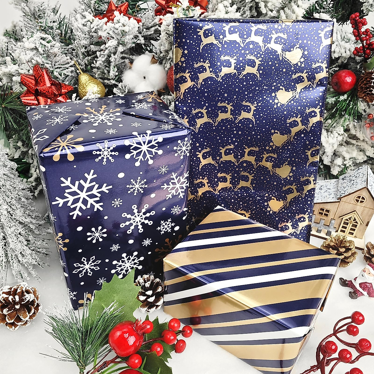 LDGOOAEL Mini Short Small Christmas Wrapping Paper Roll with Cut Lines on Reverse (17" X 120" Per Roll) - Navy Blue with Gold Foil Design for Holiday, Birthday