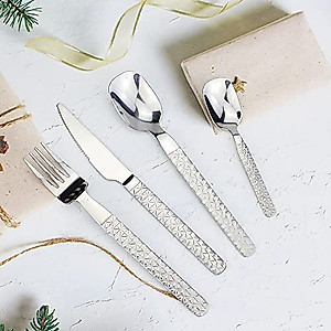 Silverware Set Flatware Cutlery Geometric Hammered Stainless Steel Kitchen Utensils Tableware，Mirror Finished，Service with Steak Knives Dinner Fork Knife Spoon