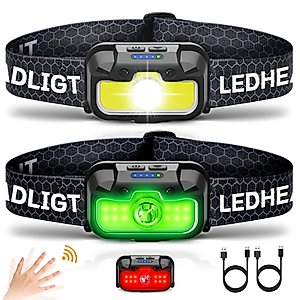 HOKOILN Headlamp Rechargeable, 2 Pack 1300 Lumen Ultra-Light Bright Head Lamp with White Red Green, 14 Modes Adjustable Waterproof Motion Sensor Headlight for Outdoor Camping Running Cycling Hiking
