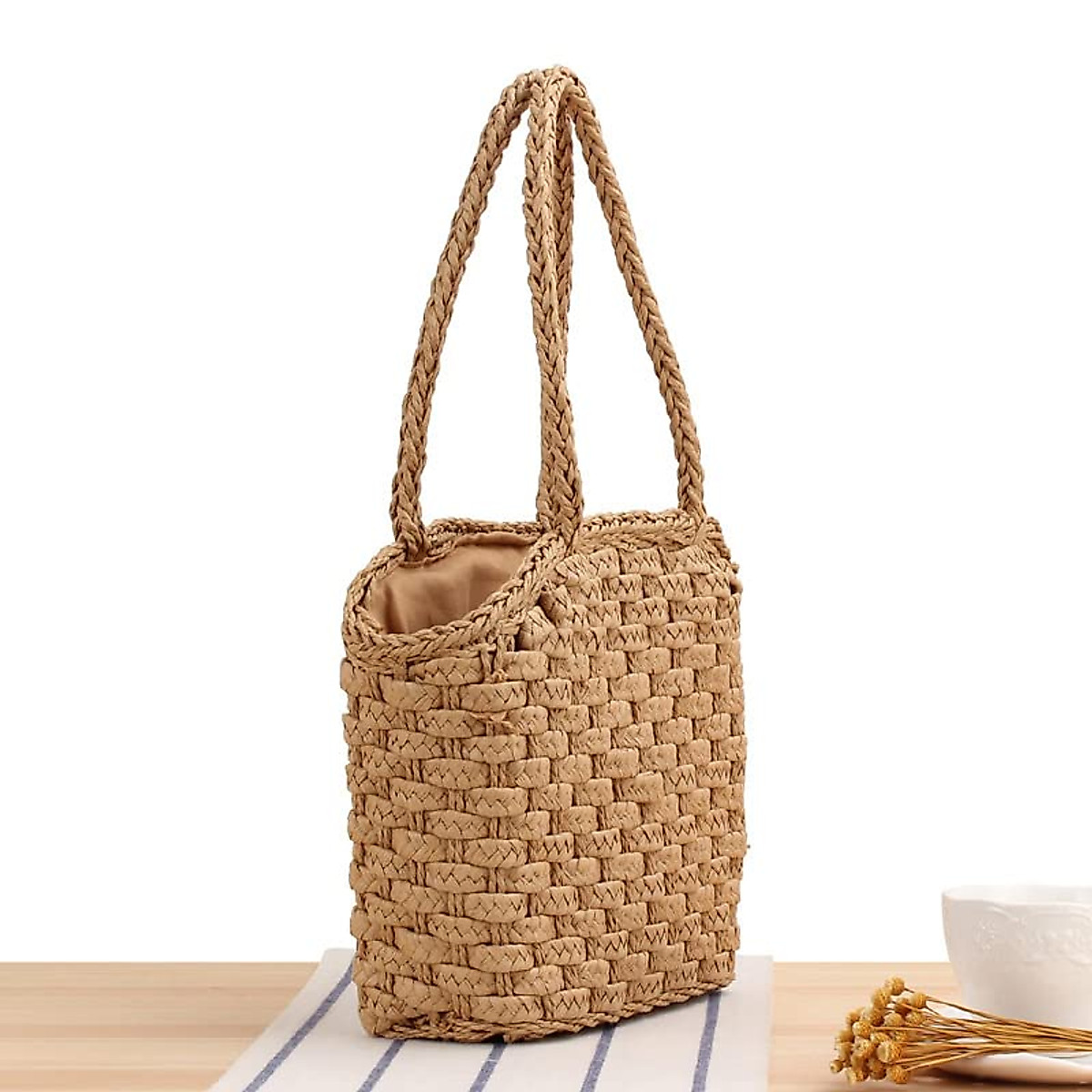 Straw Beach Bag for Women Summer Woven Tote Bag Rattan Hobo Bohemian Vacation Bags Waterproof Sandproof (beige)