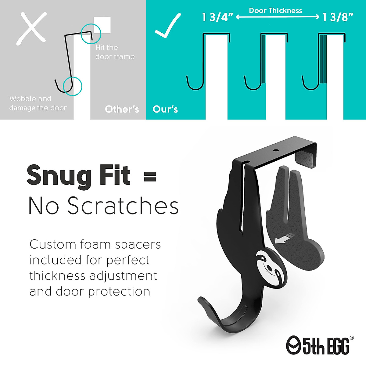 5th EGG Over The Door Hooks for Hanging Towels, Clothes, Coats & Robes for Bathroom and Bedroom Door Hanger Hook Heavy-Duty Metal, Black and White, Hanging Sloth Gift Idea (2-Pcs)