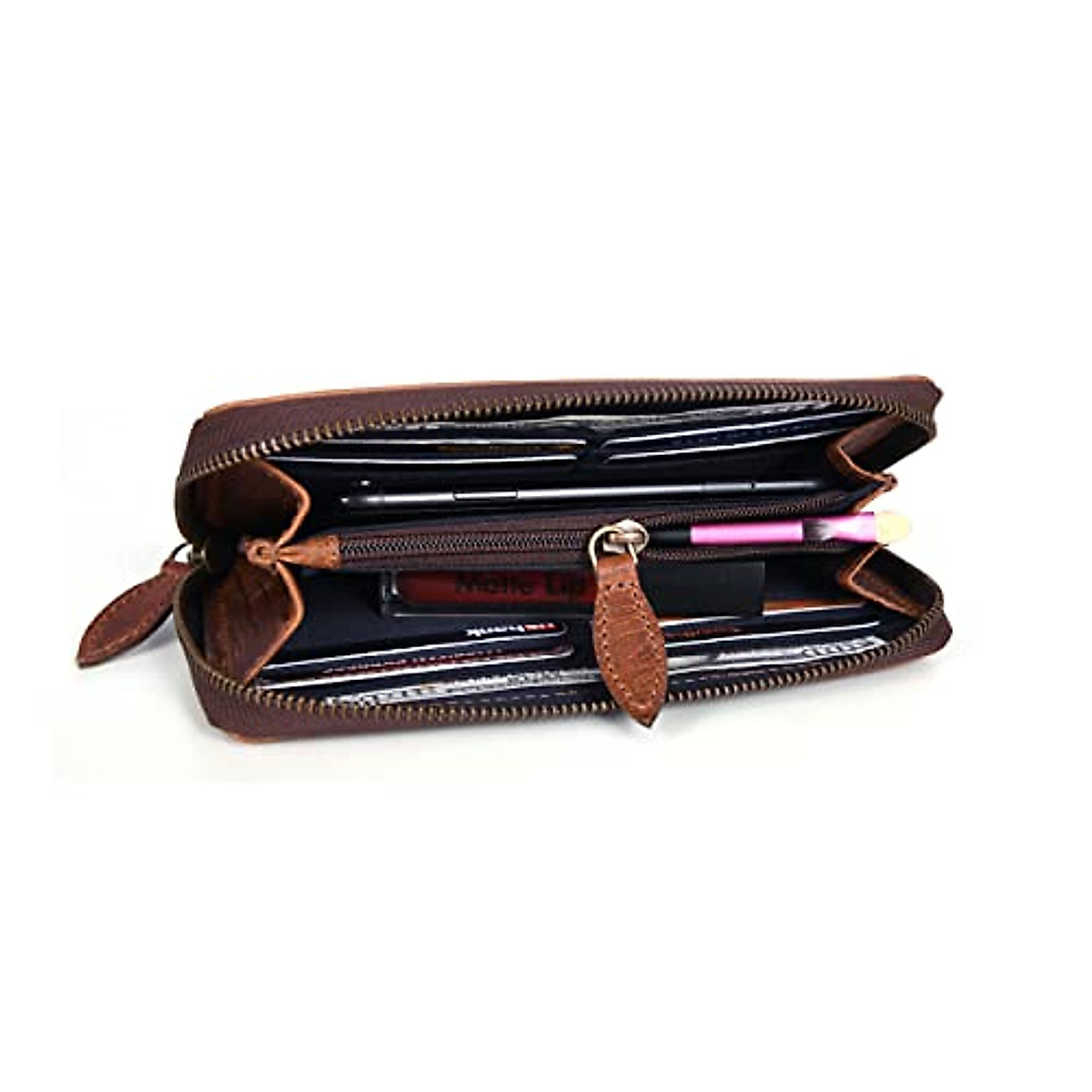 Aaron Leather Goods Women's RFID Blocking Large Capacity Leather Wallet Zip Around Phone Clutch Large Travel Purse Wristlet (Walnut)