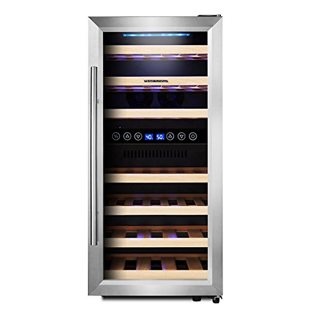 Phiestina Dual Zone Wine Cooler Refrigerator, 33 Bottle Free Standing Compressor Fridge and Chiller for Red and White Wines, 16'' Glass Door Wine Refrigerator with Digital Memory Temperature Control