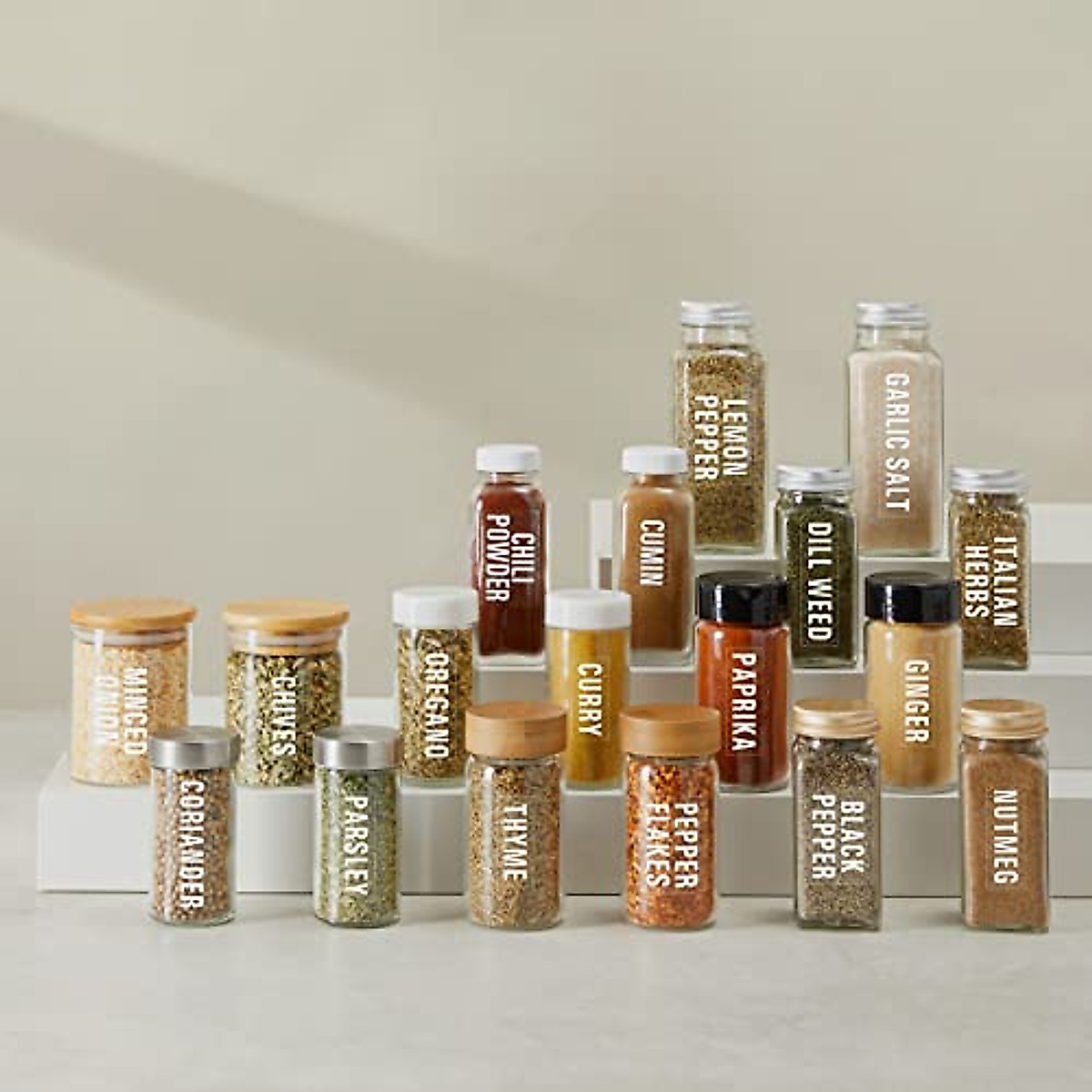 Talented Kitchen 134 Kitchen Spice Jar Labels Preprinted, Minimalist Bold All Caps White Letters and Numbers for Spice Rack, Kitchen Cabinet and Pantry Organization