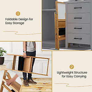 COSTWAY 3 Step Bamboo Ladder, Folding Step Stool with Storage Bag, High Handrail and Wide Pedal, Multi-Use & Space-Saving Lightweight Portable Stepping Stool for Home, Kitchen and Office